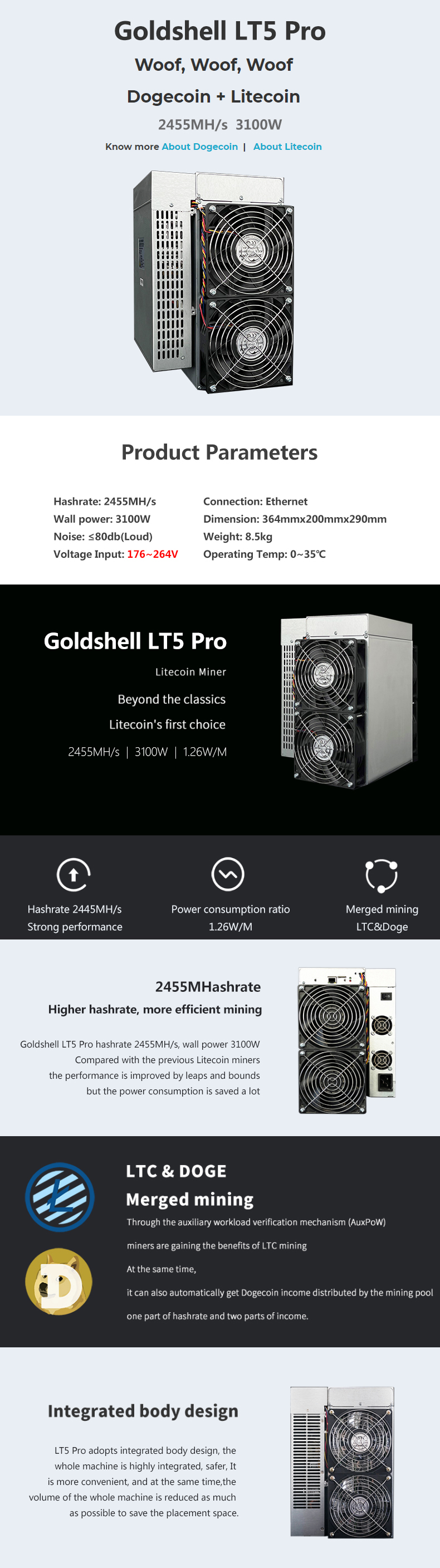 Mining Rig Miner 3100W Consumption Doge Goldshell Lt5 PRO with PSU ...